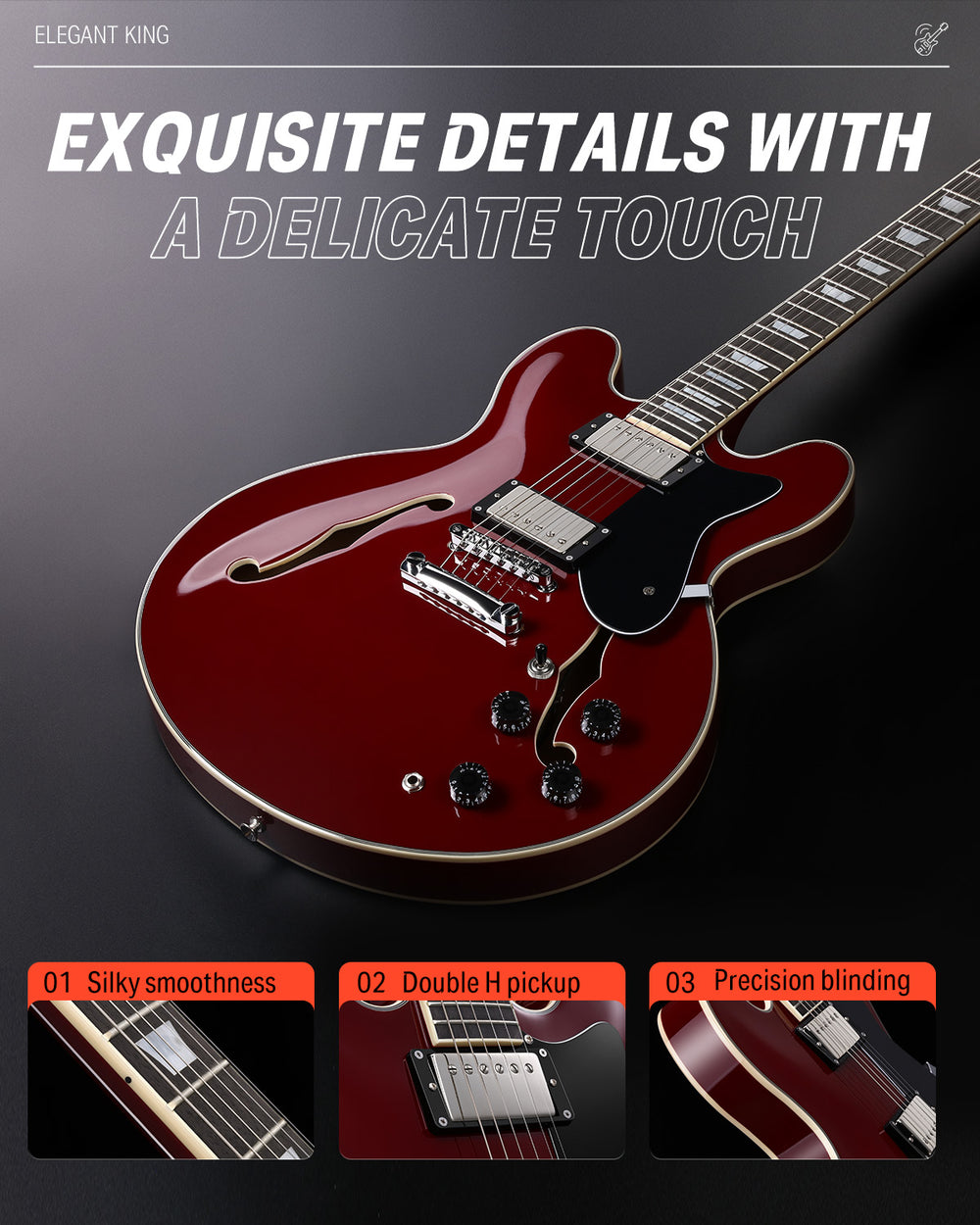 DJP-1000 Semi-Hollow Jazz Guitar with Coil-Splitting & H-H Pickups -Donner