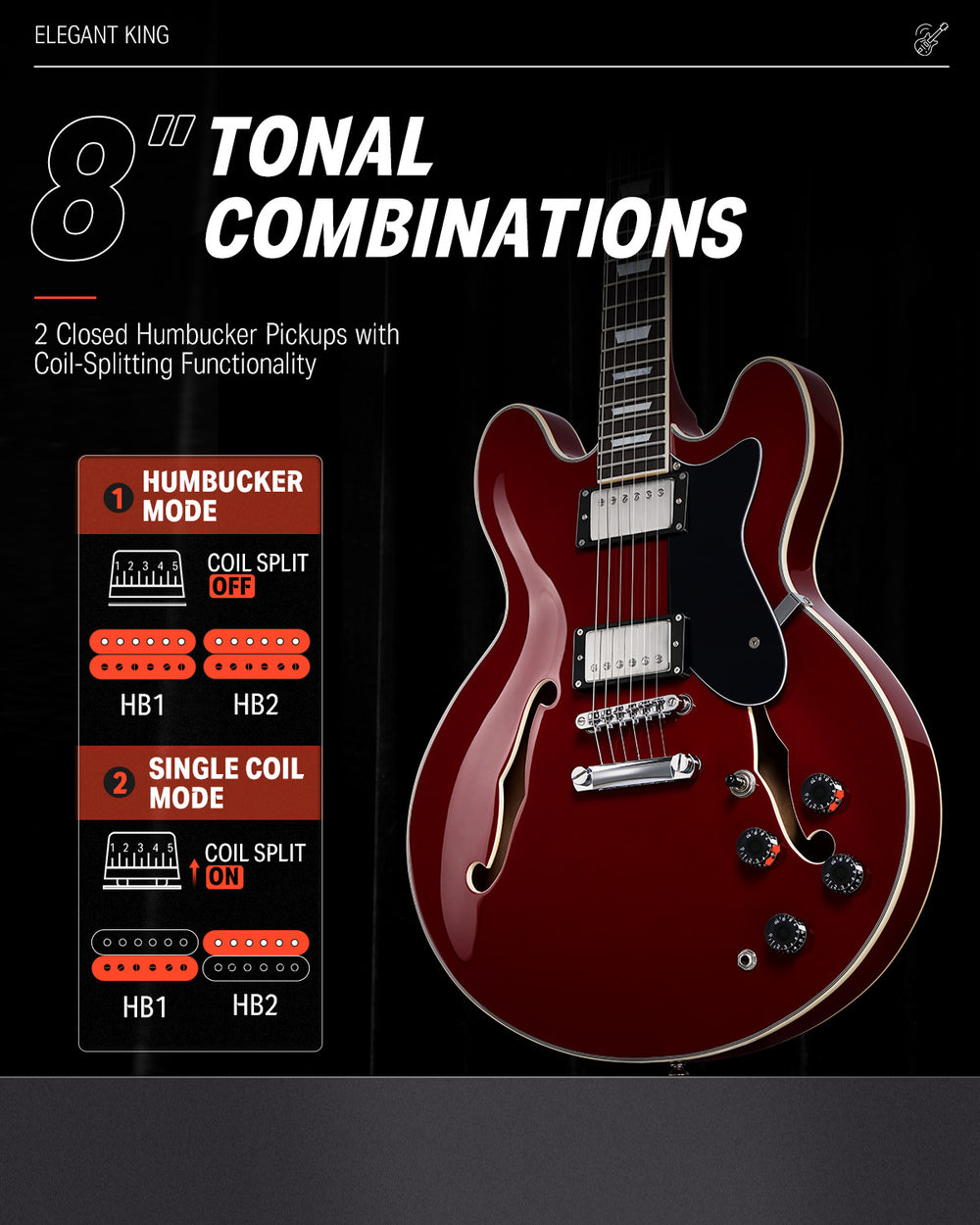 DJP-1000 Semi-Hollow Jazz Guitar with Coil-Splitting & H-H Pickups -Donner